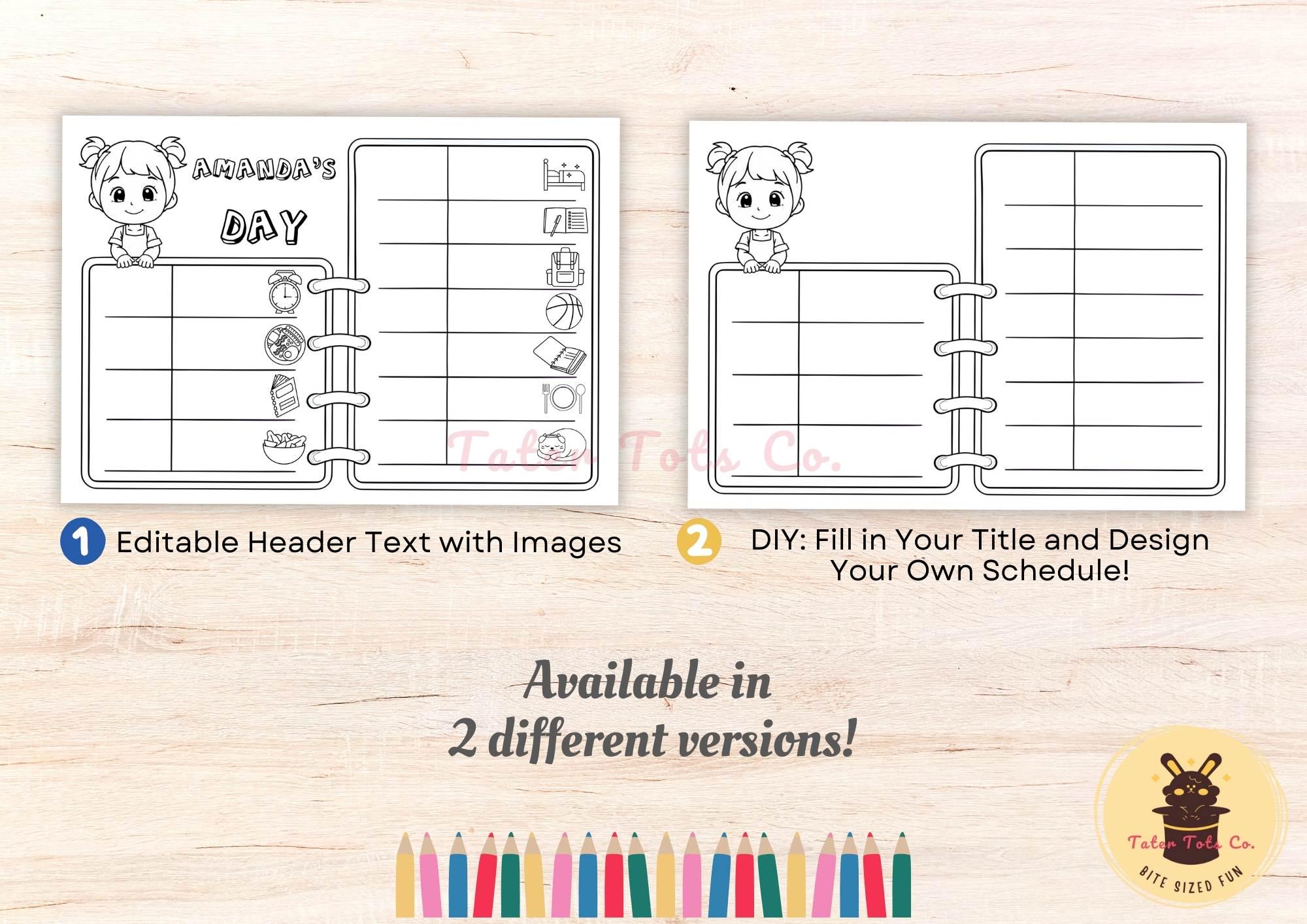 Girl's Visual Schedule Coloring Page: Editable Task Chart (PDF Download ...