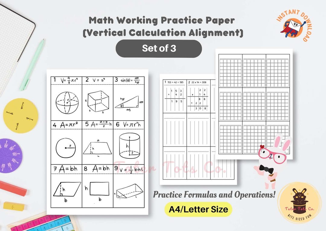 Math Working Practice Paper Set - 3 Templates PDF Instant Download ...