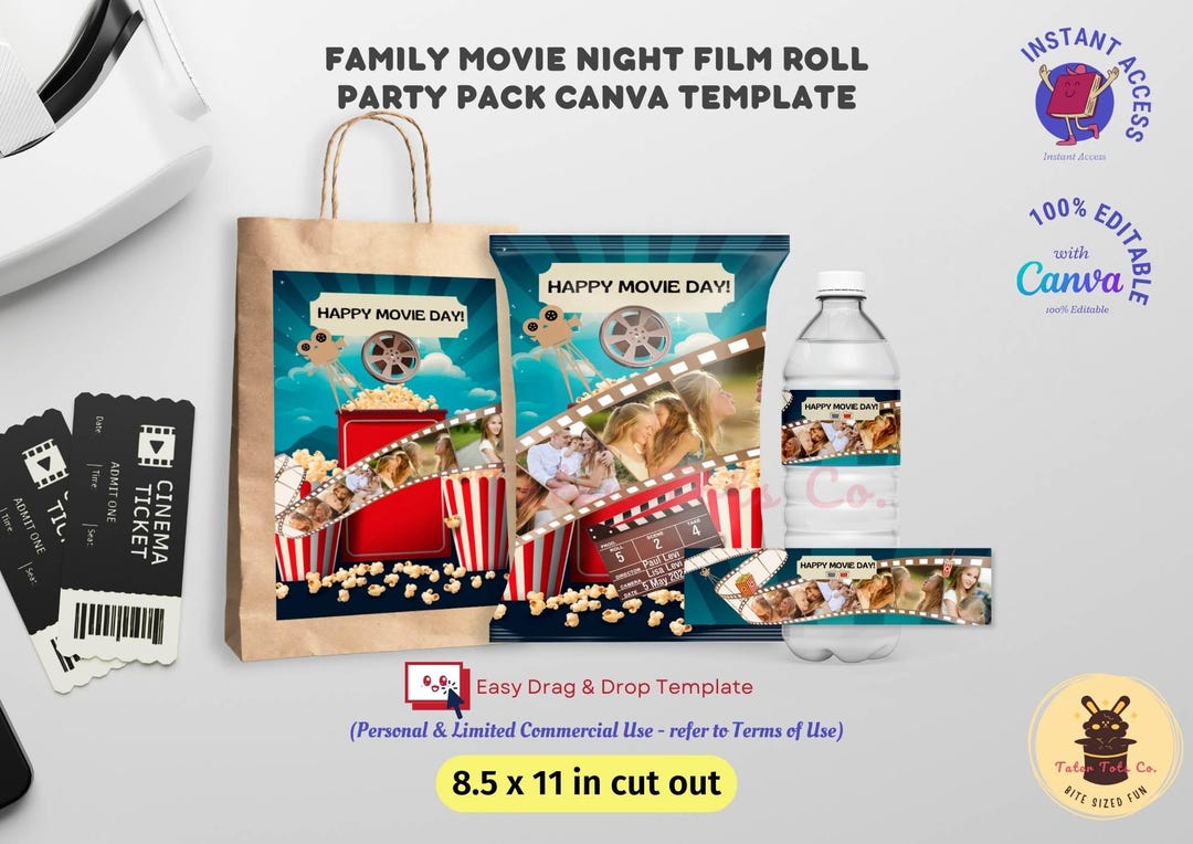 Family Movie Night Party Pack: Popcorn Film Roll-themed Matching Chip ...