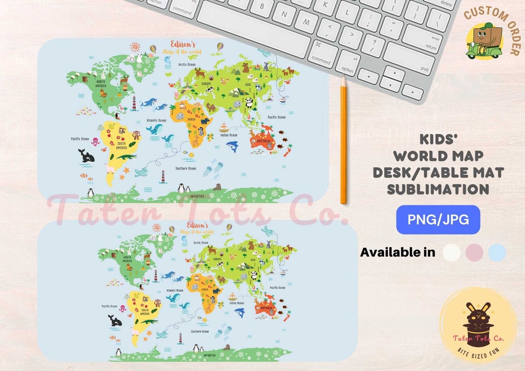 Personalized Cute Animal World Map for Kids Custom Desk Mat - Etsy