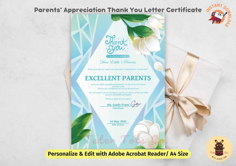 Parents Appreciation Thank You Letter and Awards Certificate for School ...