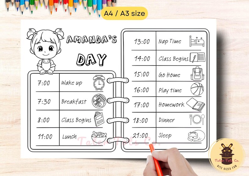 Girl's Visual Schedule Coloring Page: Editable Task Chart (PDF Download ...