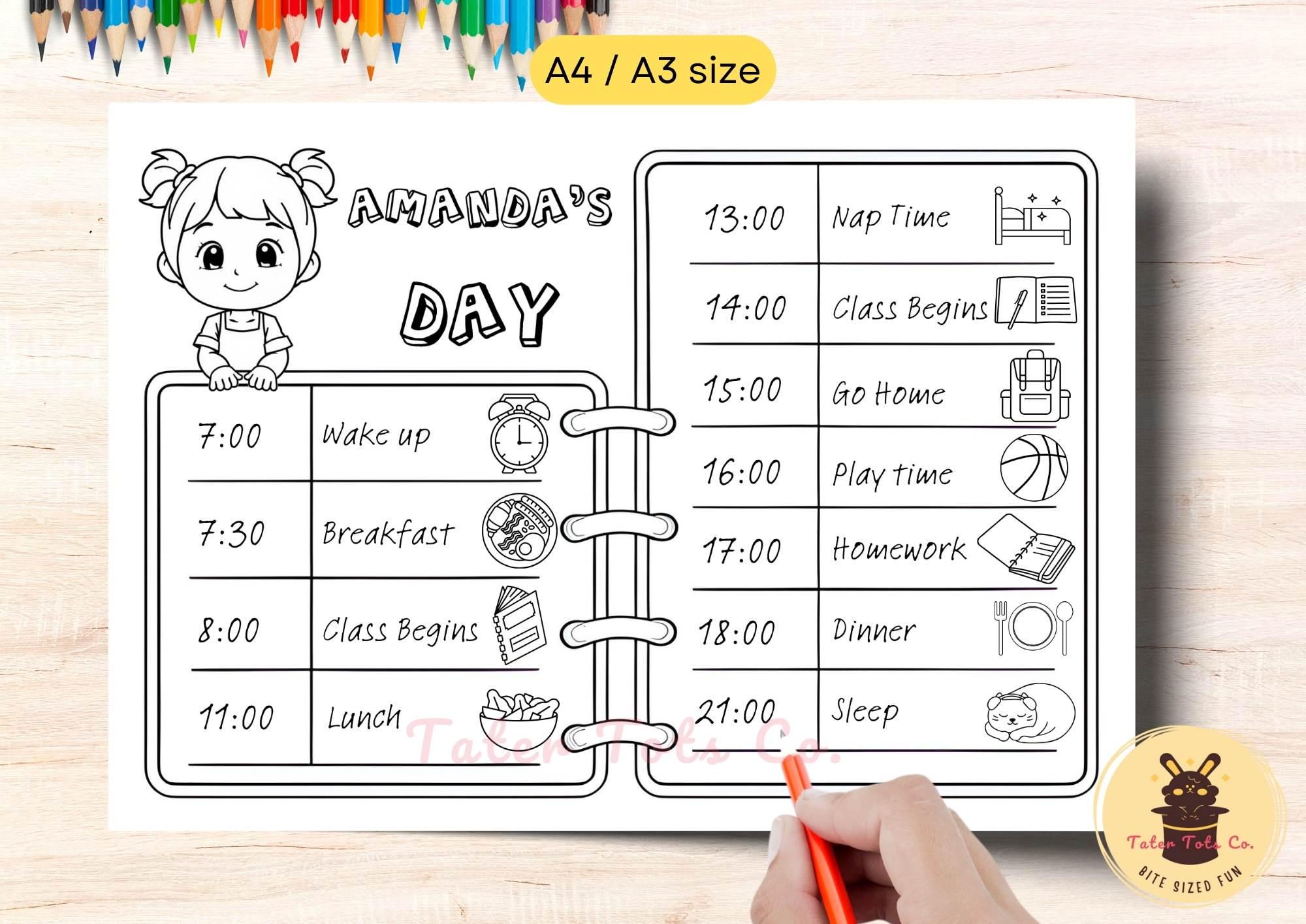 Kid’s Visual Schedule Coloring Page Template (girl) - Personalized Fun ...
