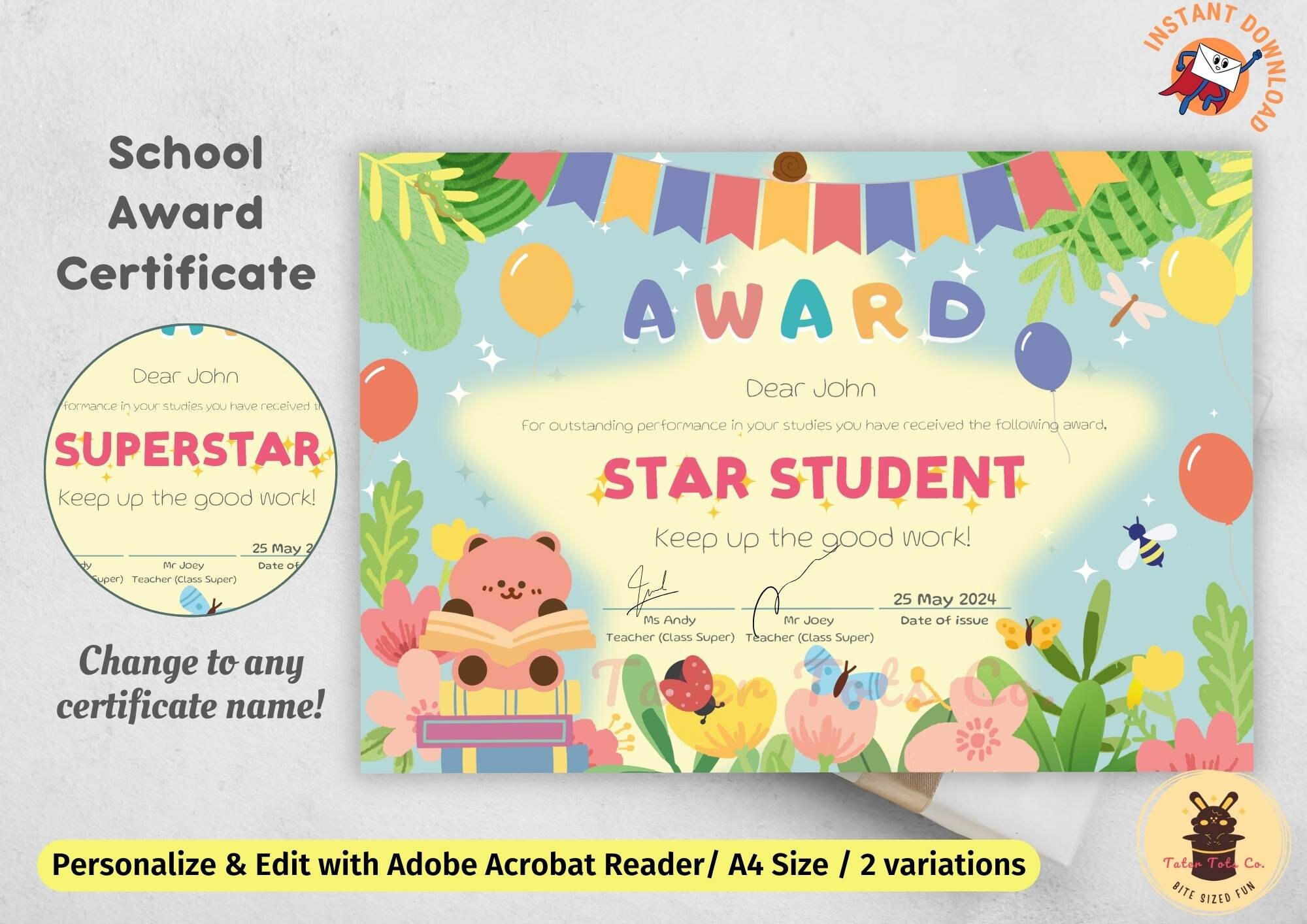 Editable Preschool or School Award Certificate Diploma Star Student ...