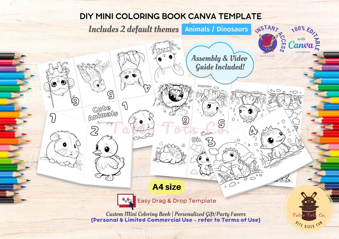 Custom DIY Mini Coloring Book Canva Template - Cute Animals & Dinosaurs ...