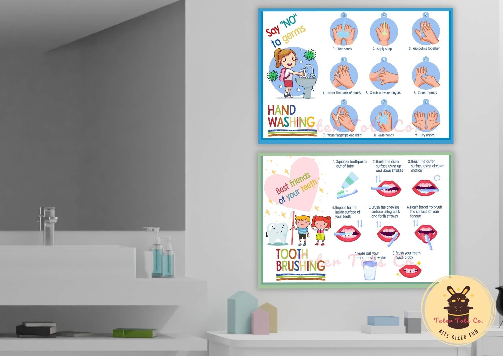 Tooth Brushing and Handwashing Guides Hygiene Poster Set Preschool ...