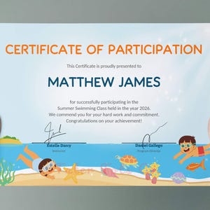 Swimming Award Completion Certificate, Skill Achievements, Safety ...