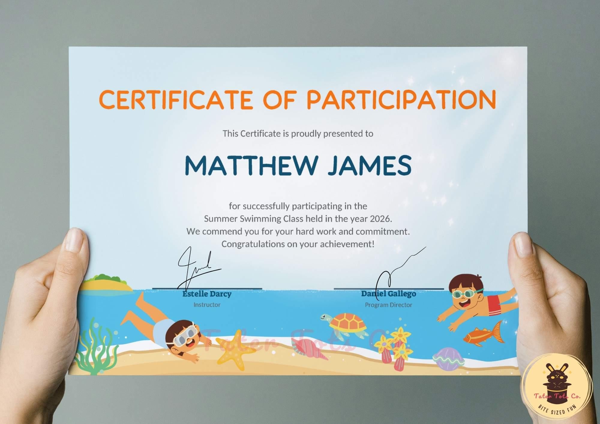 Swimming Award Completion Certificate, Skill Achievements, Safety ...