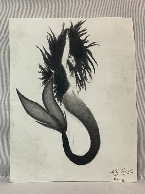 Little Mermaid Original Charcoal Pencil Drawing Cartoon Etsy