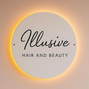 Modern Backlit Round Salon Sign – Custom Backlit 3D Beige Gold Logo for ...