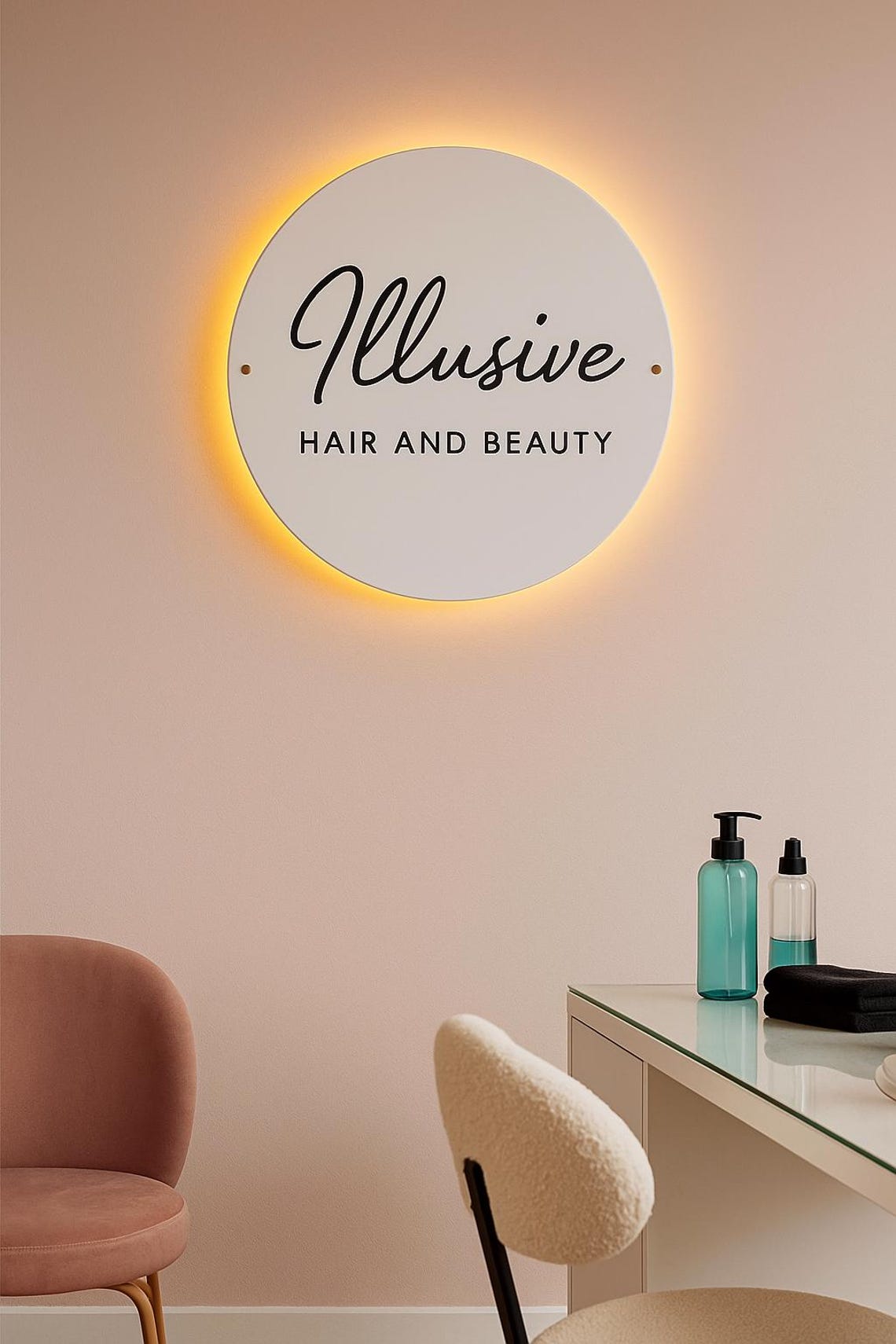 Modern Backlit Round Salon Sign – Custom Backlit 3D Beige Gold Logo for ...