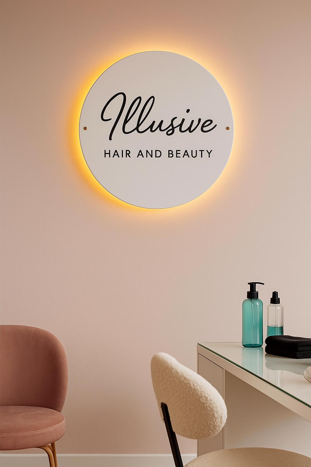 LED Backlit Round Salon Sign – Custom Backlit 3D Beige Gold Logo for ...