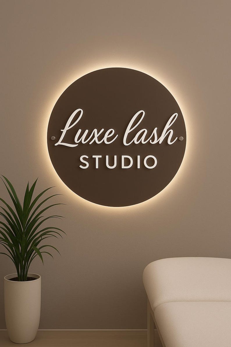LED Backlit Round Salon Sign – Custom Backlit 3D Beige Gold Logo for ...