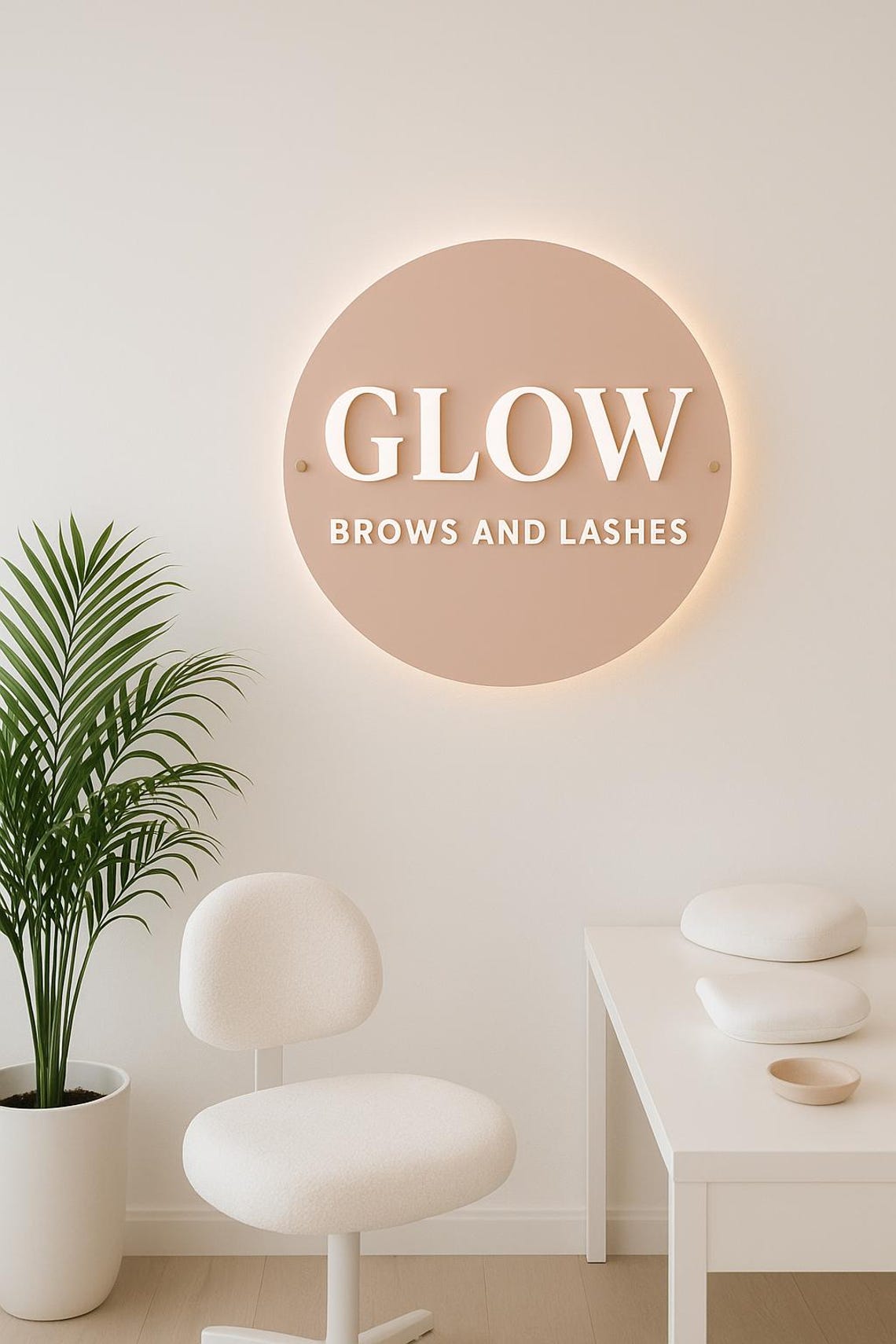 Modern Backlit Round Salon Sign – Custom Backlit 3D Beige Gold Logo for ...