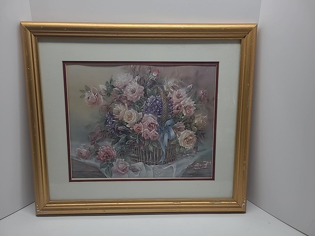 Framed Lena Liu Hand Signed Basket of Roses and Hydrangeas Limited ...