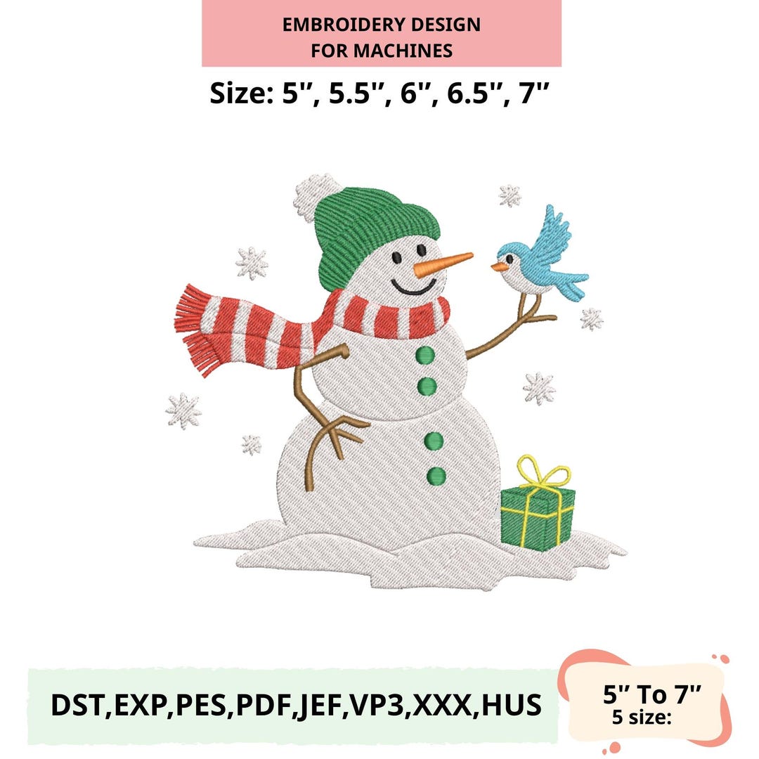 Snowman Embroidery Design, Christmas Snowman With Bird Embroidery File ...