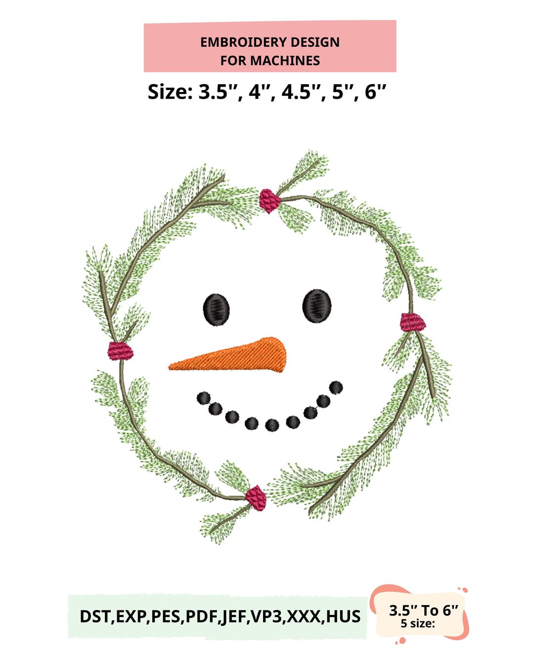 Snowman Face Embroidery Design, Christmas Wreath Snowman PES DST ...