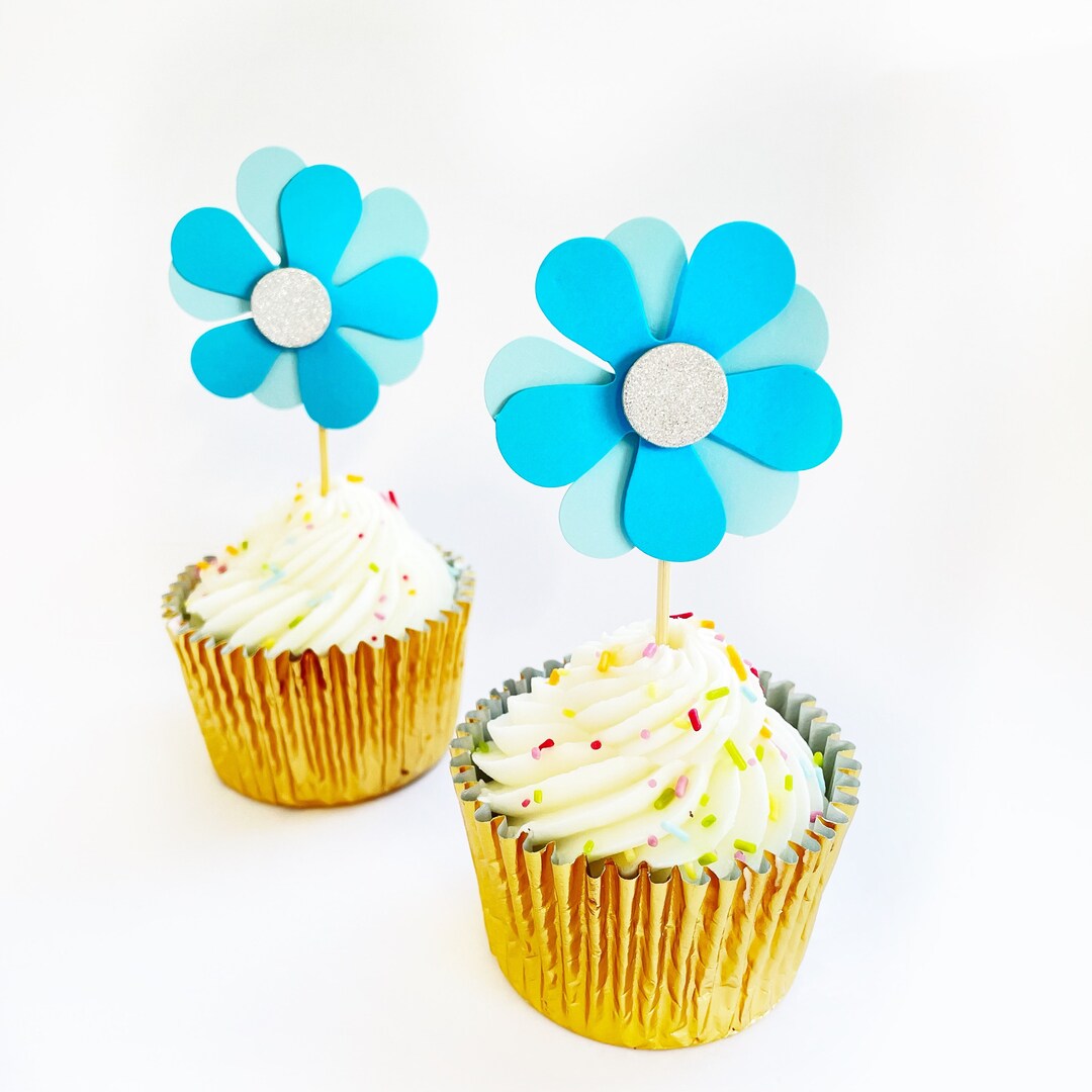 Blue Flower Cupcake Toppers X6, Party, Floral, Cake Toppers, Cake ...