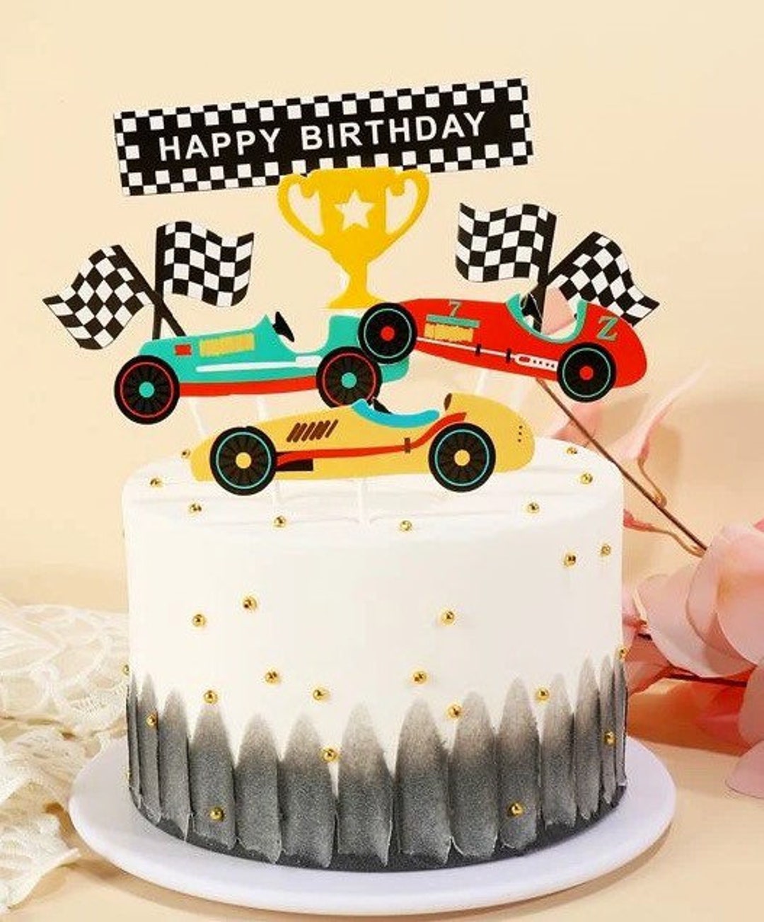 Racing Car Cake Topper Set / Race Car, Chequered Flags, Gold Trophy ...