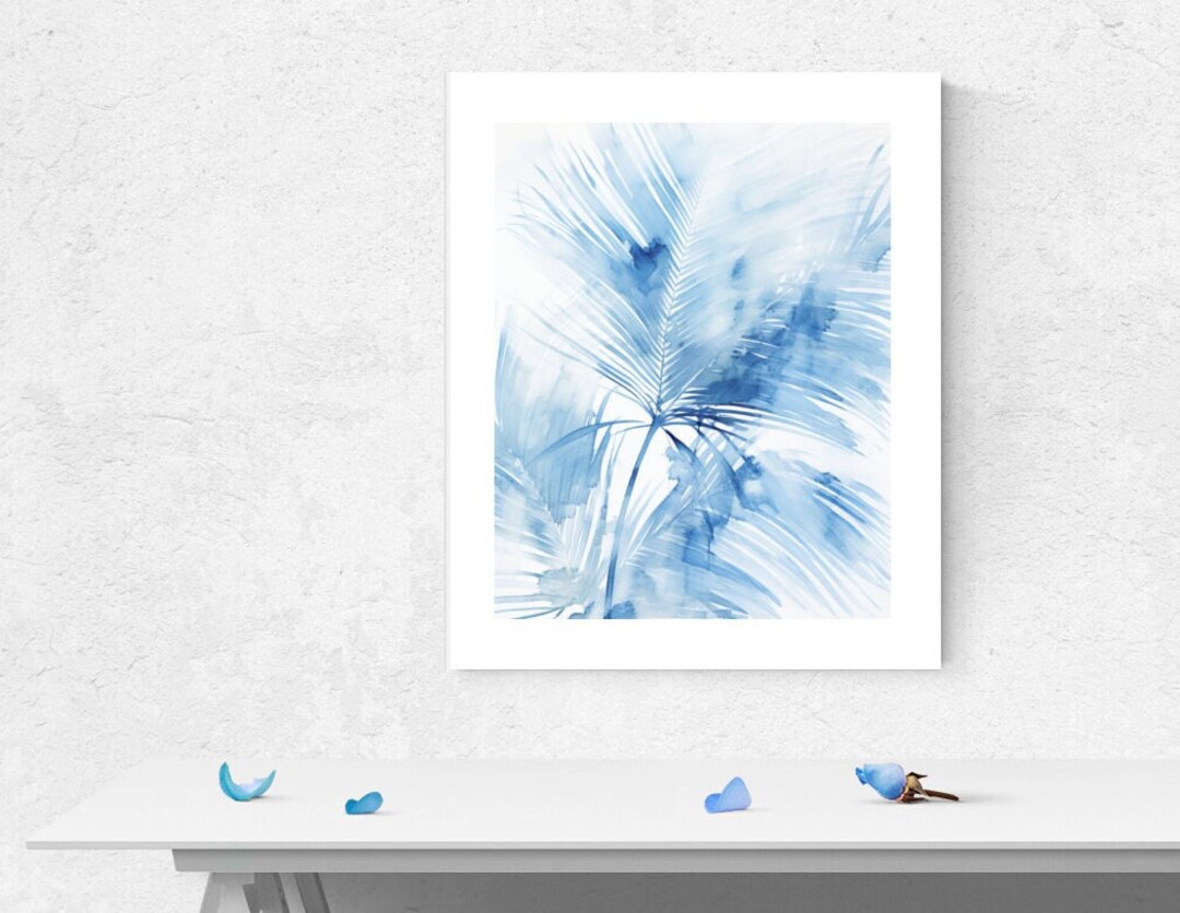 Blue Tropical Leaves, Minimalist Wall Decor, Watercolor Artwork, Palm ...