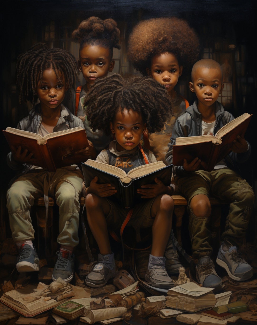 Black Children Reading Fine Art Print With Mat, African American Art ...