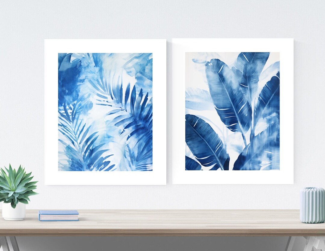 Abstract Blue Tropical Leaves Wall Art, Set of 2 Prints, Exotic, Banana ...