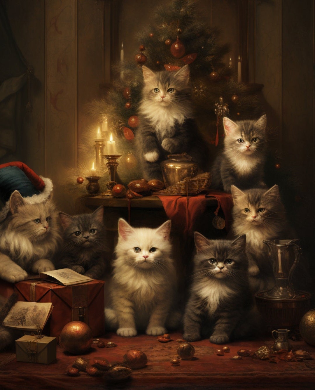 Christmas Kittens Print, Kitten Art, Christmas Cats, Christmas Decor ...
