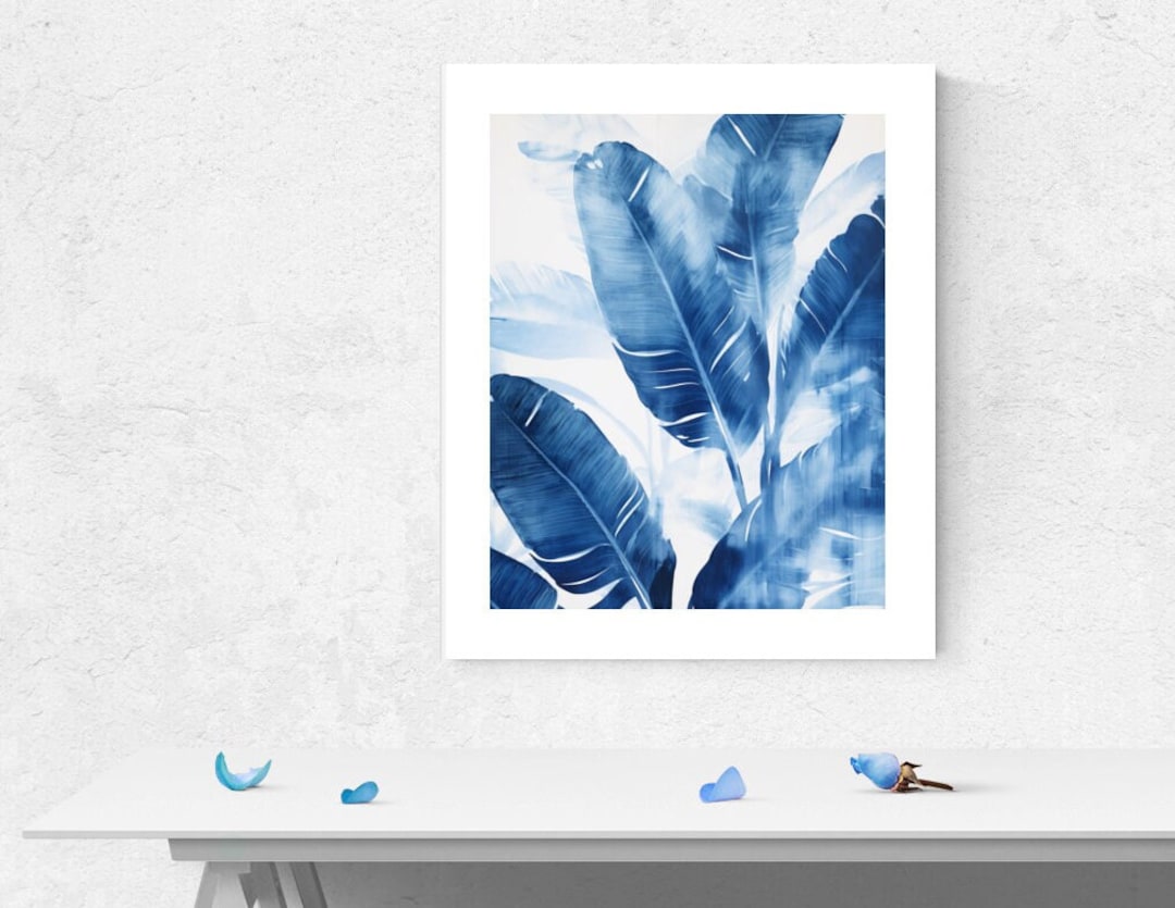 Blue Tropical Leaves, Minimalist Wall Decor, Watercolor Artwork, Palm ...
