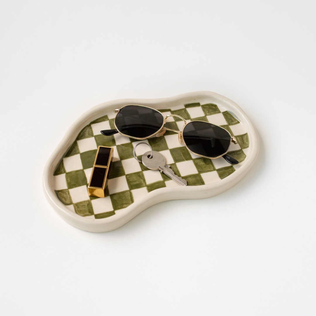 Checkered Catch All Trinket Tray for Keys, Handmade Ceramic Tray for ...