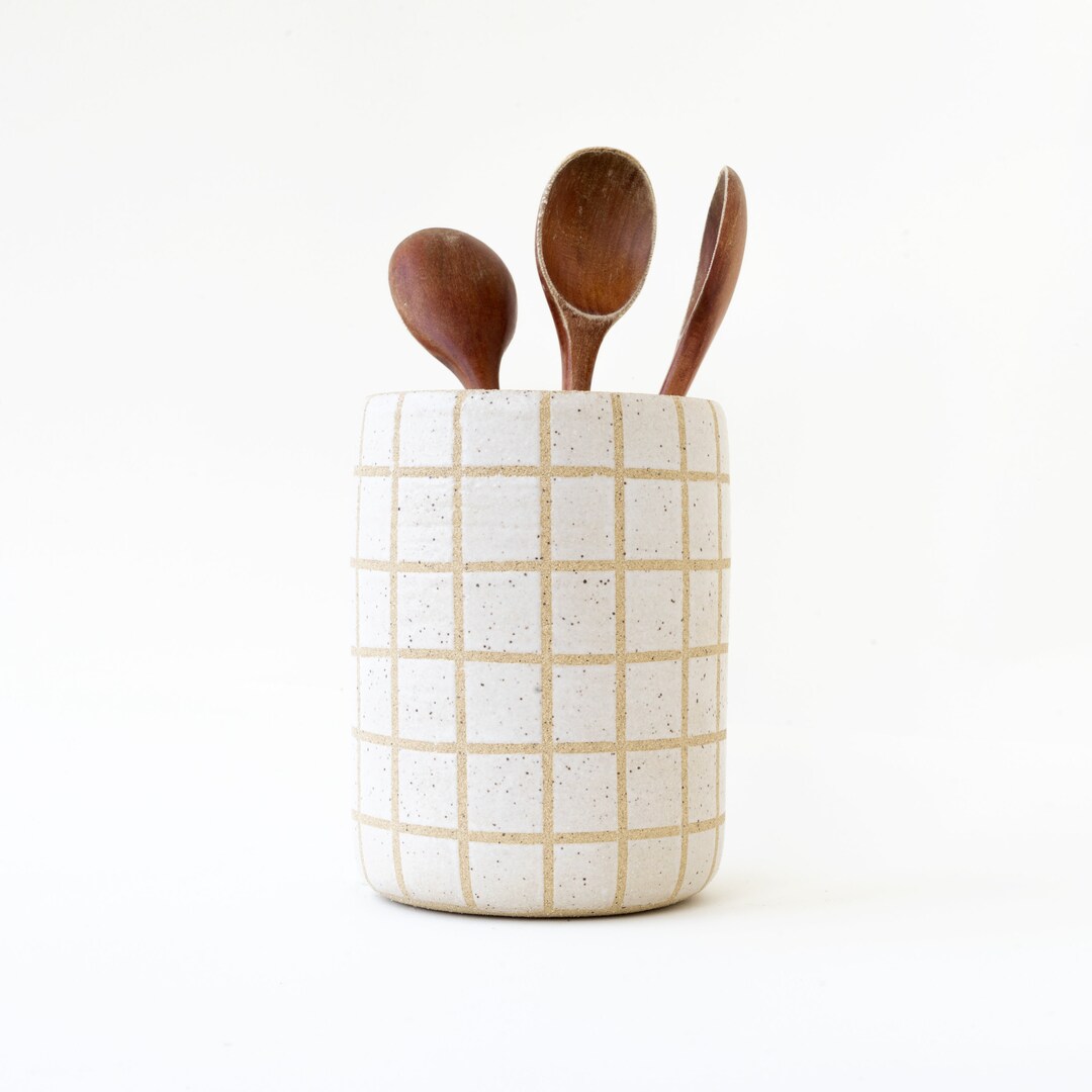 Checkered Ceramic Kitchen Utensil Holder, Handmade Ceramic Vase for ...