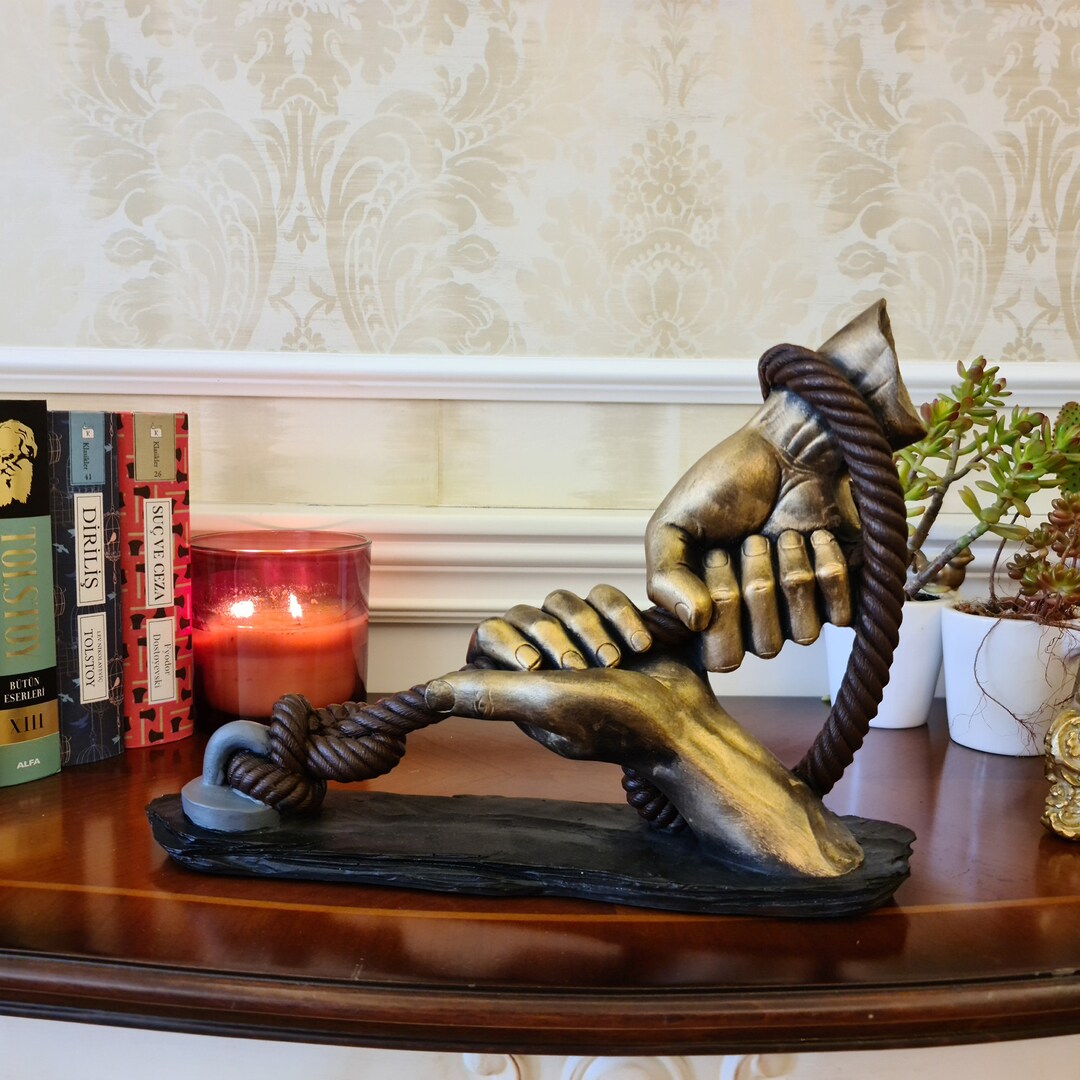 Gold Bronze Rope Holding Hand Statue, Rope Hand Trinket, Sailor Statue ...