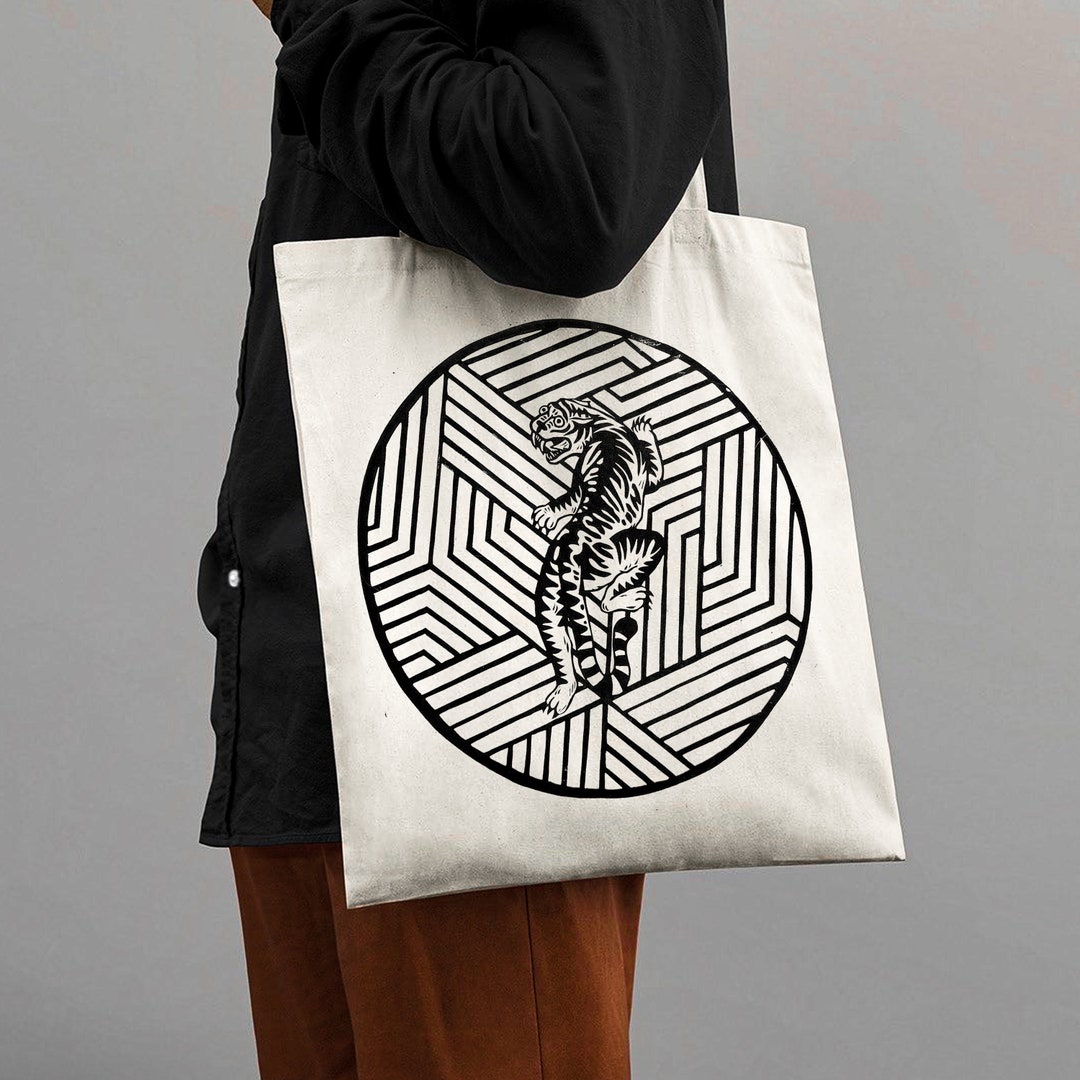 Linocut Tiger Geometric Tote Bag - Natural Cotton Eco Friendly Shopping ...
