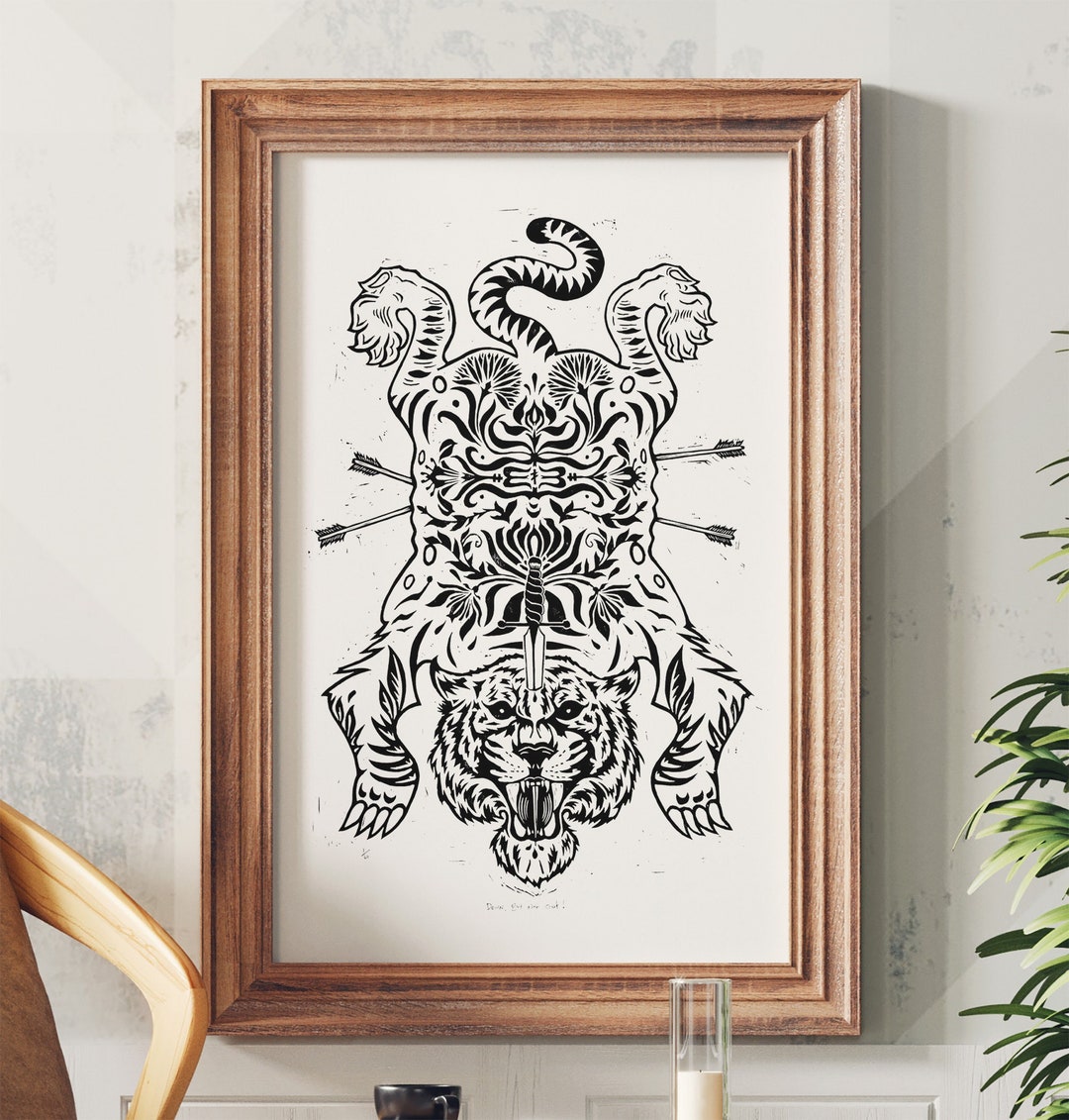 Huge Original Linocut Print, Hand-carved, Hand-printed - Tibetan Tiger ...