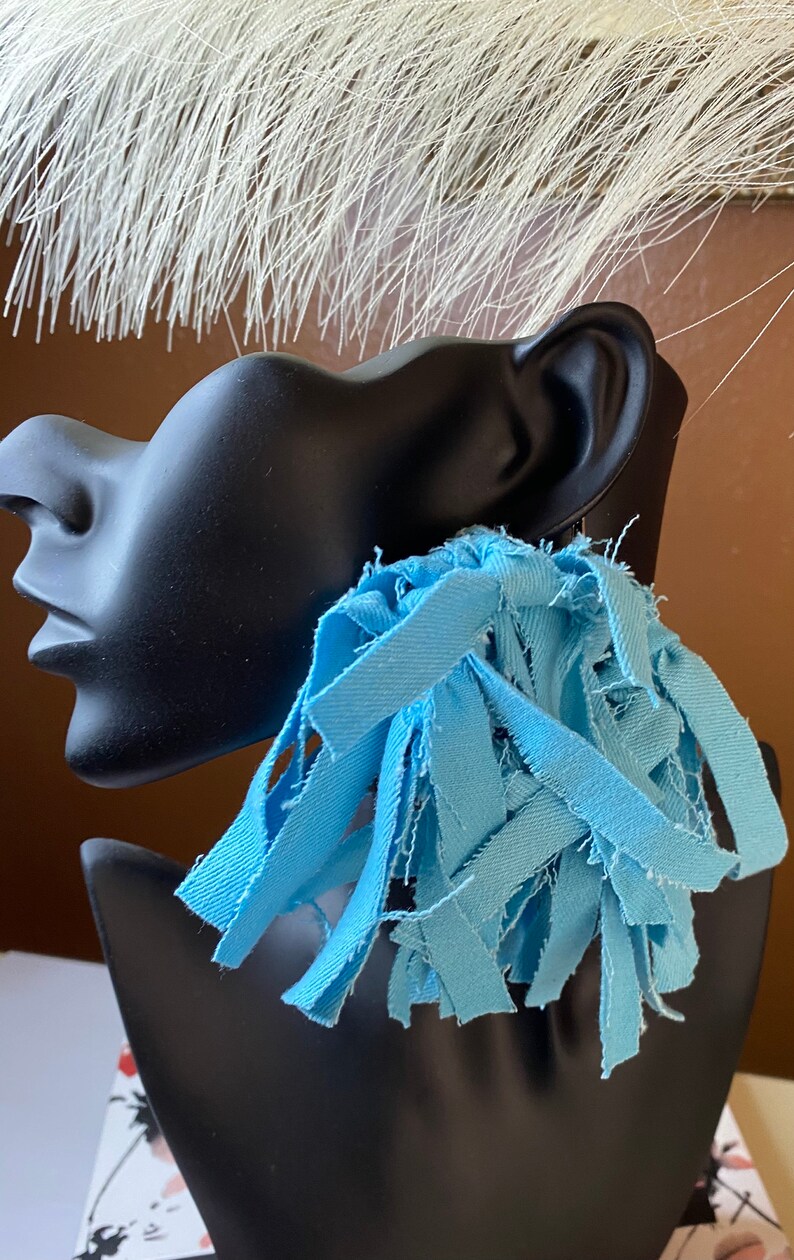 Turquoise Recycled Denim Fringe Earrings Fringe Earrings - Etsy