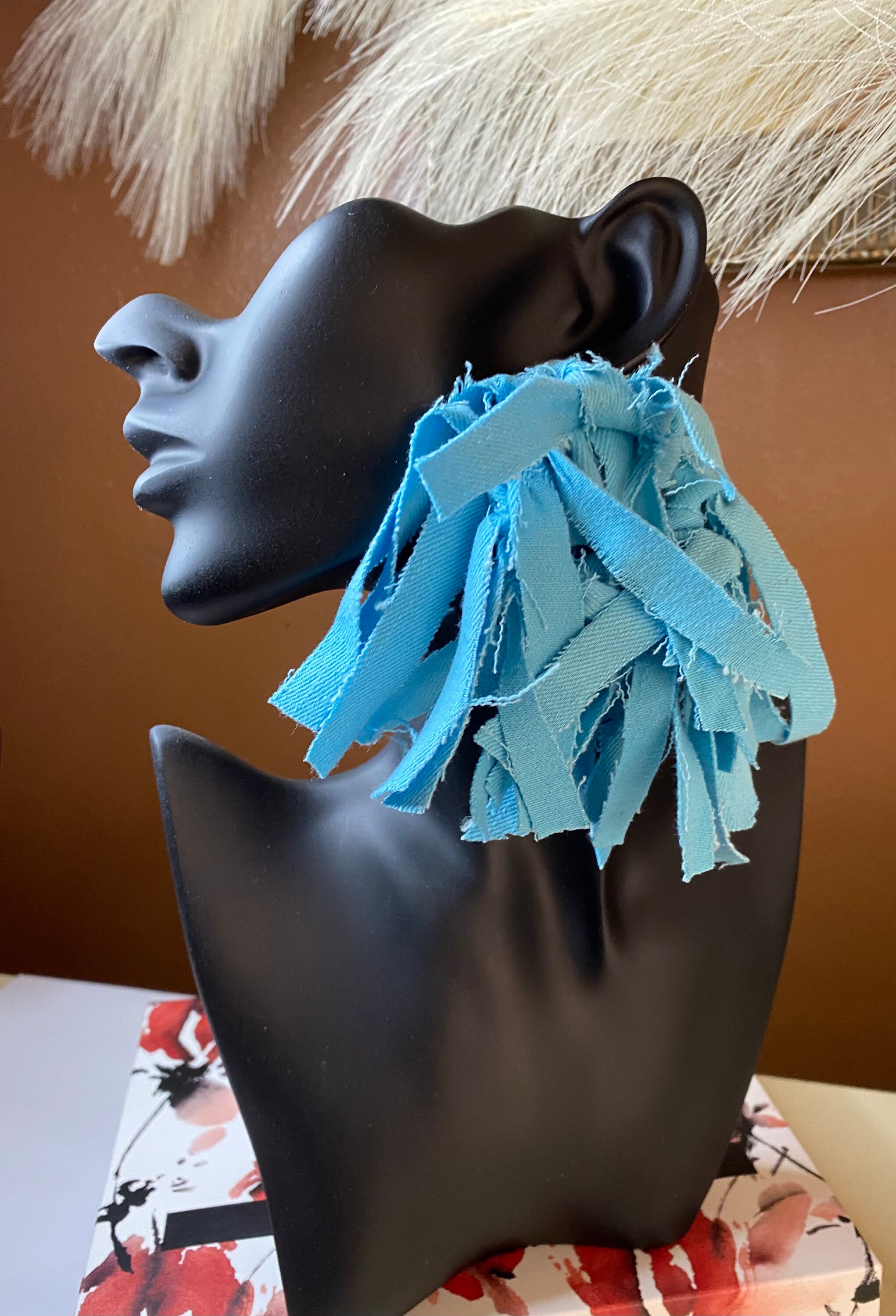 Turquoise Recycled Denim Fringe Earrings Fringe Earrings - Etsy