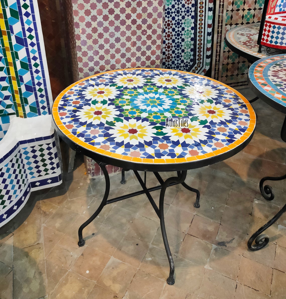 Mosaic Round Table Handmade With Natural Colors L Moroccan - Etsy