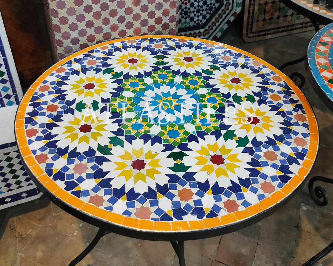 Mosaic Round Table Handmade With Natural Colors L Moroccan - Etsy