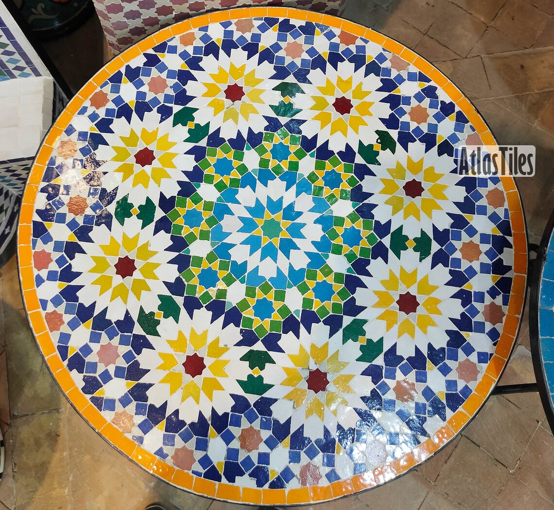 Mosaic Round Table Handmade With Natural Colors L Moroccan - Etsy