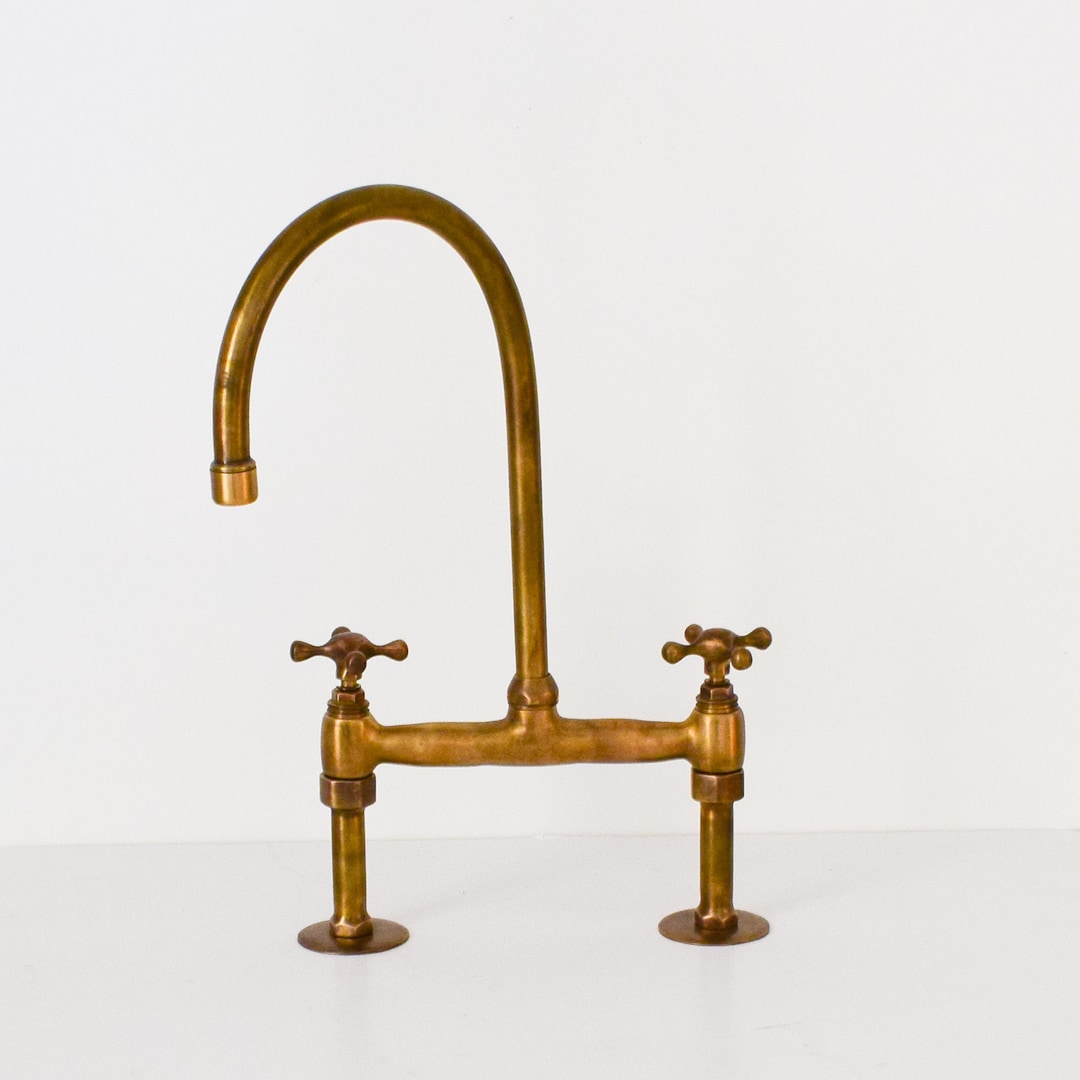 Kitchen Antique Looking Brass Island Faucet, Unlacquered Brass Bridge ...