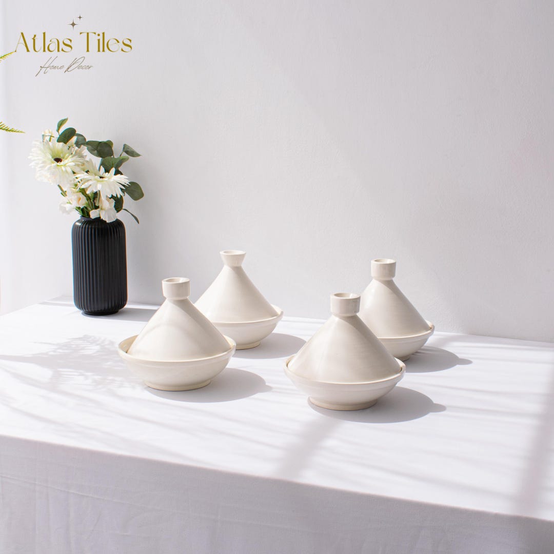 4 White Natural Handmade Ceramic Tajine Set, Genuine Moroccan Natural ...