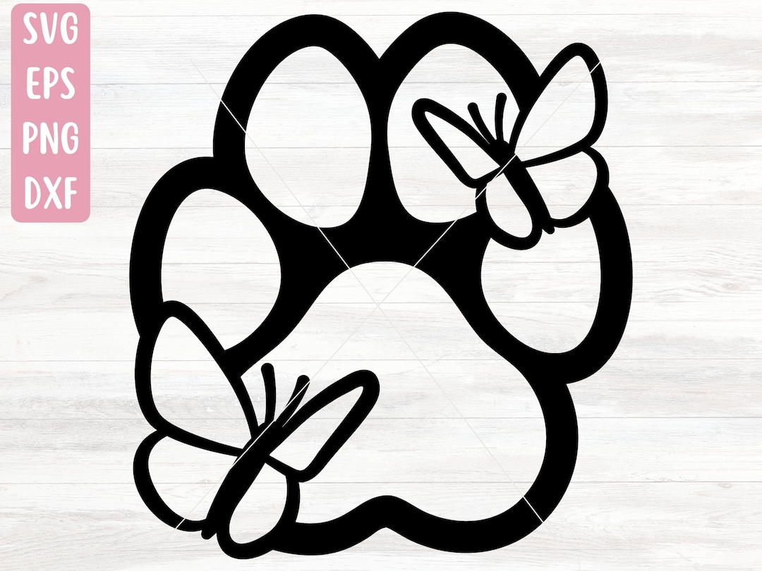 Paw Print Outline SVG File for Cricut, Dog Paw PNG With Butterflies ...