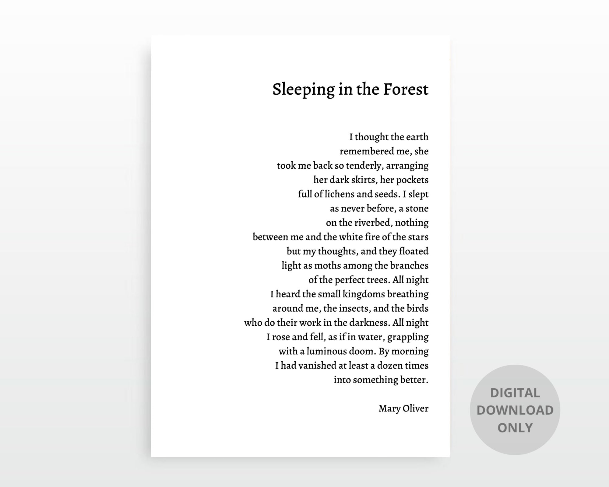 Mary Oliver, Sleeping in the Forest, Poem Gift, Wall Art, Mary Oliver ...