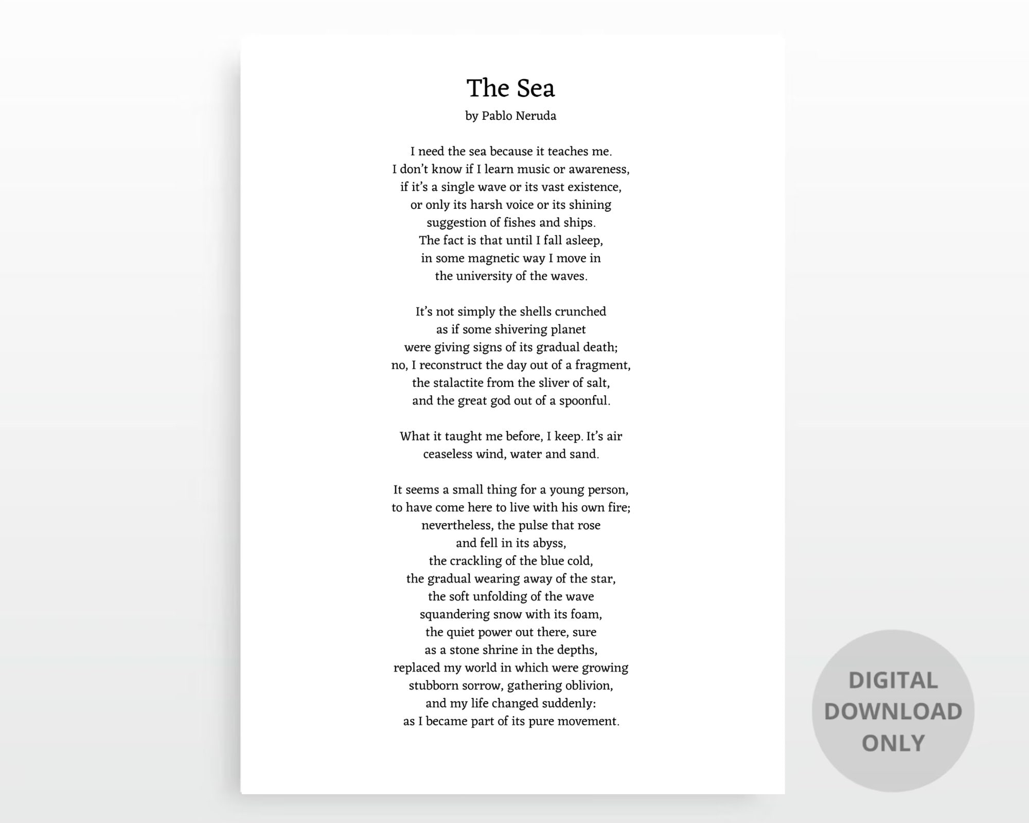 Pablo Neruda Poem the Sea Sea Poem Print Poetry Poems - Etsy