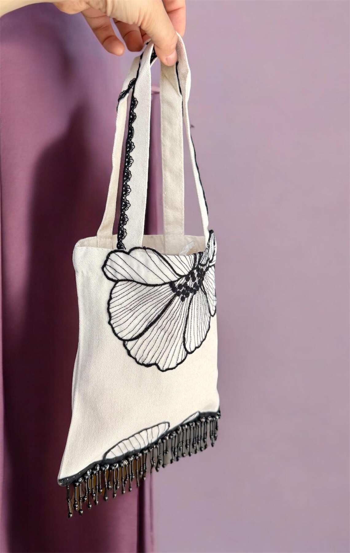 Poppy Linen Tote Bag – Handmade Embroidered Floral Appliqué Purse With ...