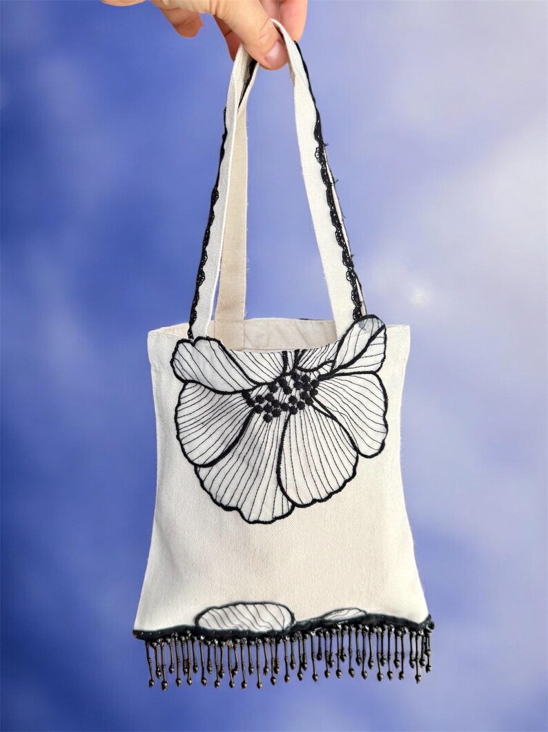 Poppy Linen Tote Bag – Handmade Embroidered Floral Appliqué Purse With ...