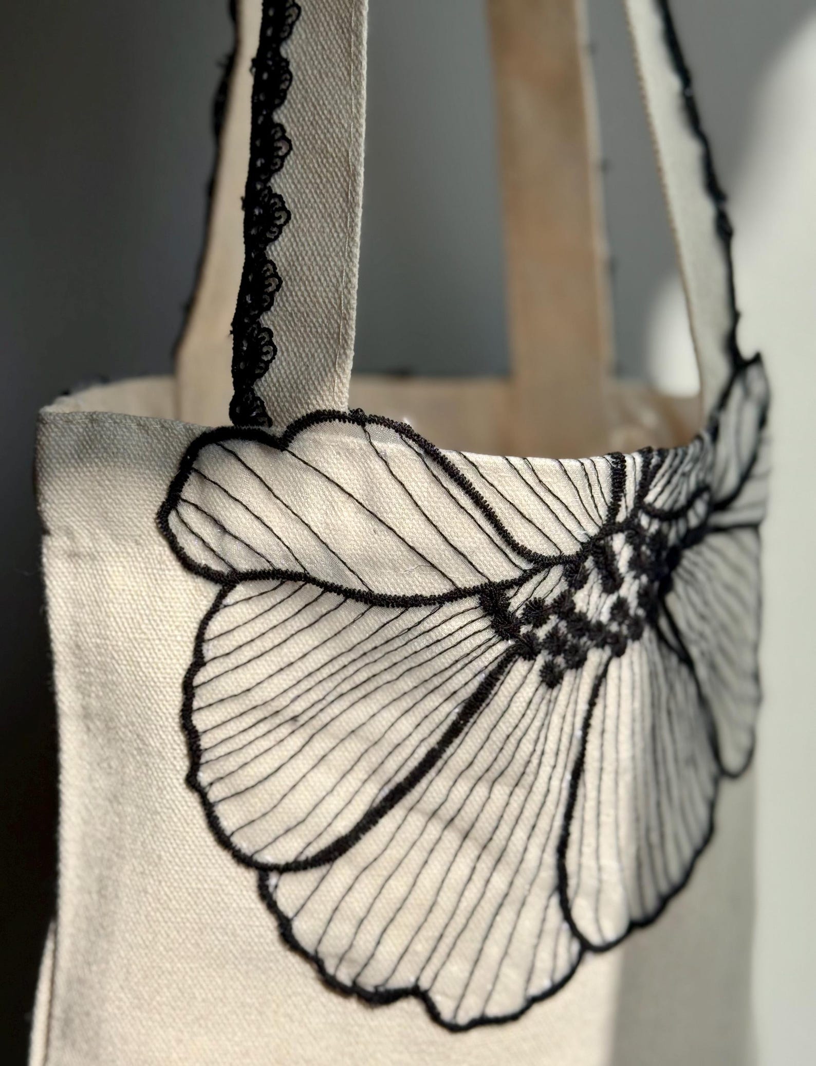 Poppy Linen Tote Bag – Handmade Embroidered Floral Appliqué Purse With ...