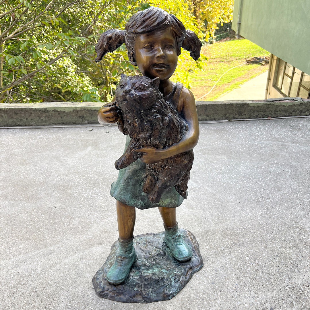 Bronze Girl Sculpture, Girl With Cat Figure, Life Size Bronze Girl ...