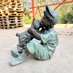 Bronze Garden Sculpture, Bronze Boy Statue, Boy With Dog Figure, Child Sculpture, Garden Design ...