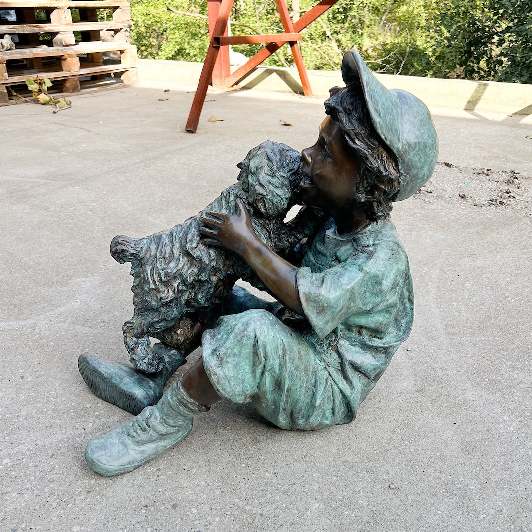Bronze Garden Sculpture, Bronze Boy Statue, Boy With Dog Figure, Child Sculpture, Garden Design ...