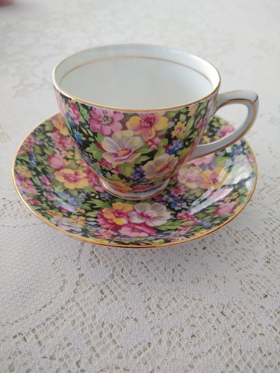 Vintage 'rosina' Black Chintz Tea Cup and Saucer Set 1950s Chintz ...
